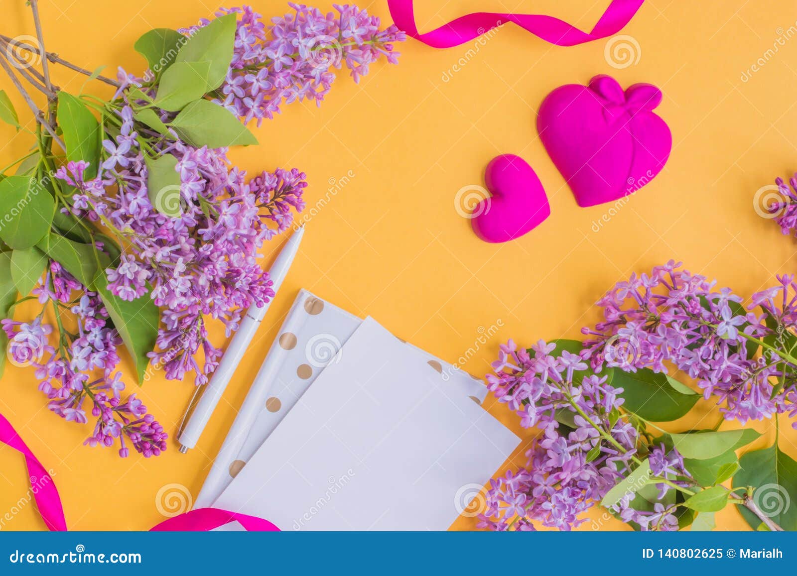 Flat Lay Desk with Lilac Branches Stock Image - Image of lilac, office ...