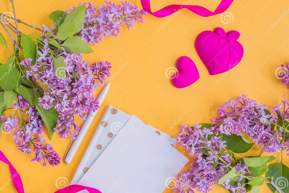 Flat Lay Desk with Lilac Branches Stock Image - Image of lilac, office ...