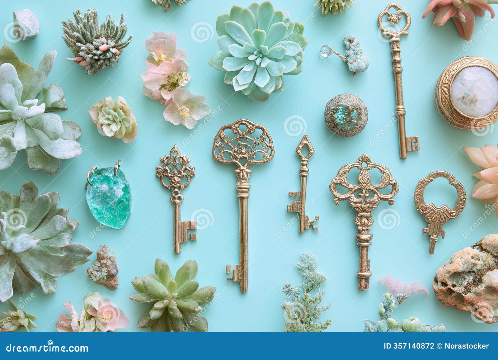 A Flat Lay of Enchanted Keys and Small Trinkets Arranged on a Soft ...