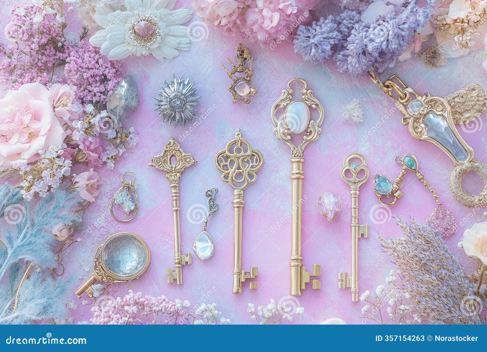 A Flat Lay of Enchanted Keys and Small Trinkets Arranged on a Soft ...