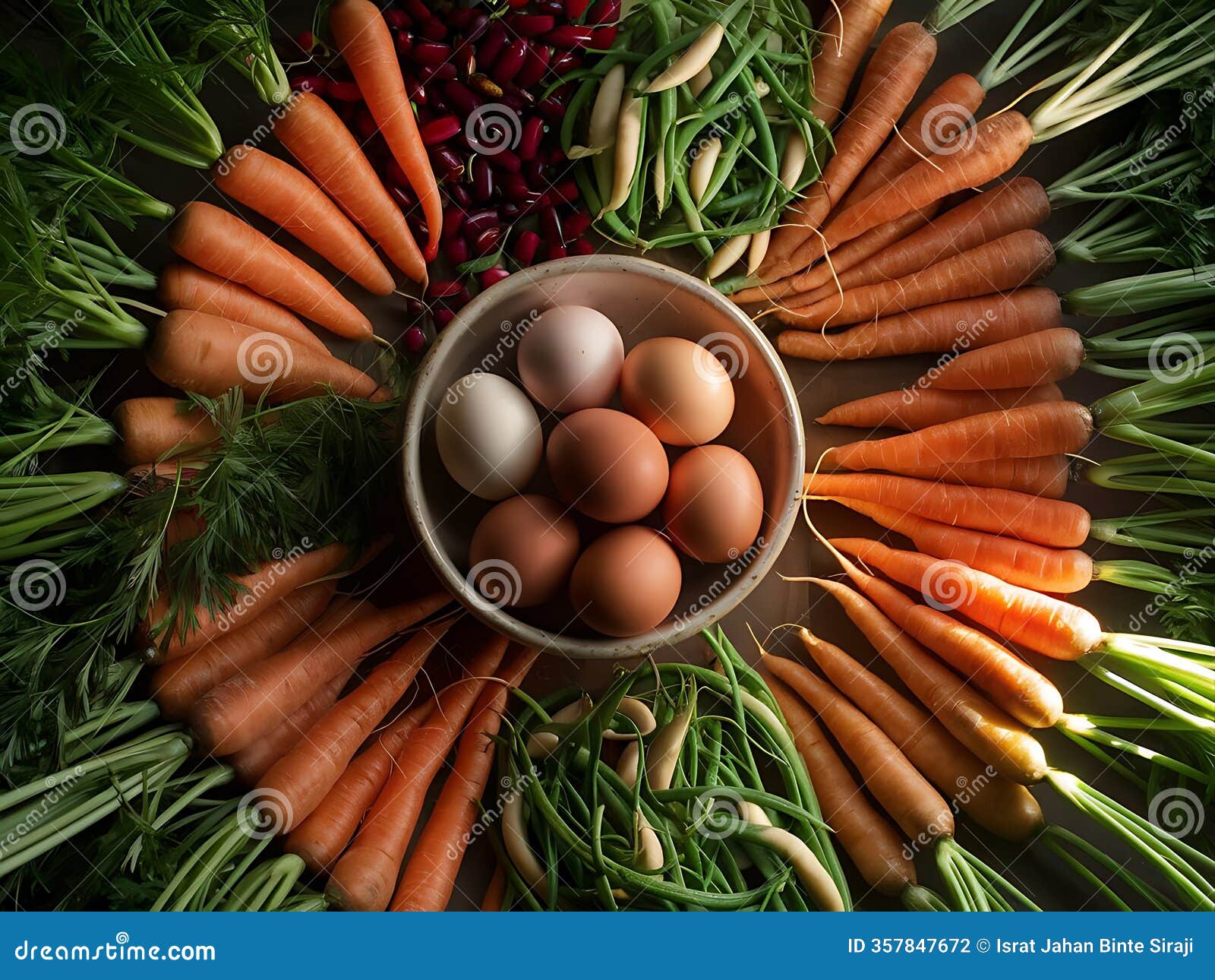 Flat Lay of Farm-fresh Produce, Including Eggs, Carrots, and Beans ...
