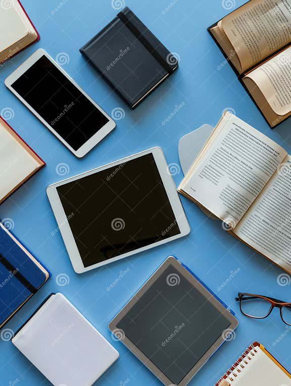 A Flat Lay Featuring Various Tablets and E-readers Displaying Educational Materials and E ...