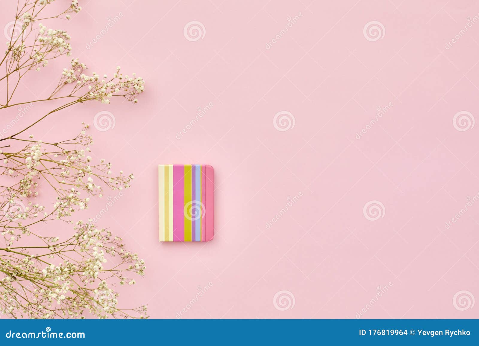 Flat Lay Flowers and a Diary on Pink Background, Top View. Mock Up ...