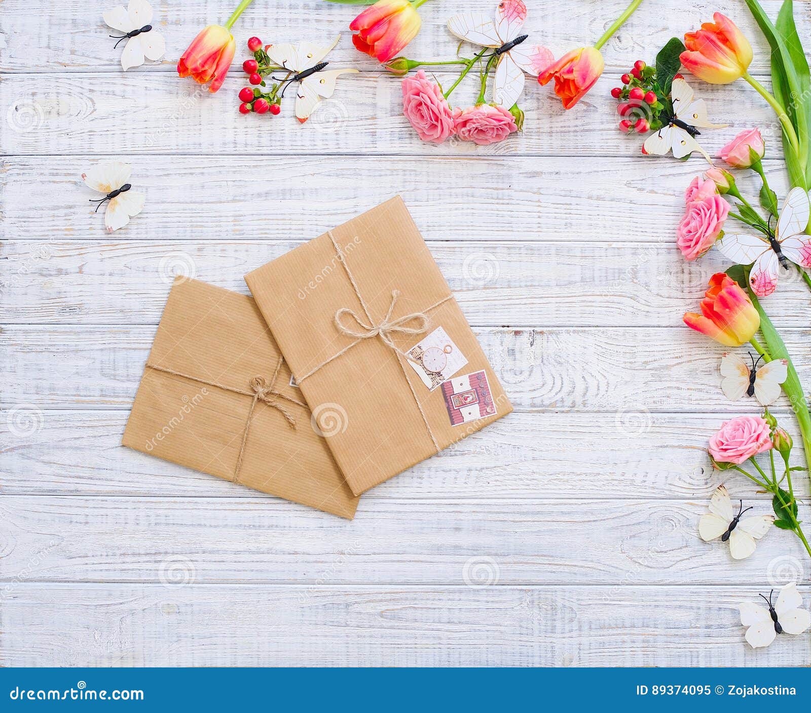 Flat Lay Flowers Frame and Envelopes Stock Image - Image of creative ...