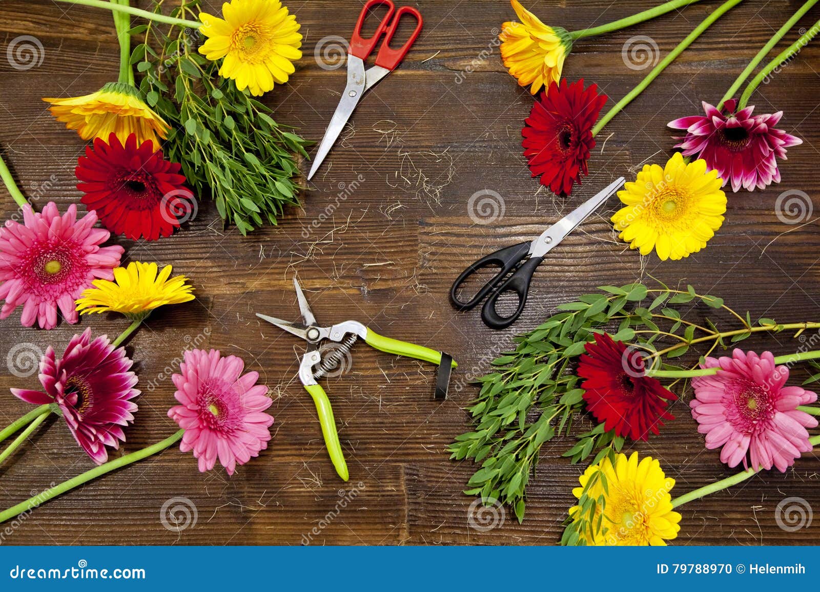 Flat Lay of Flowers on the Wood Table Stock Photo - Image of plants ...