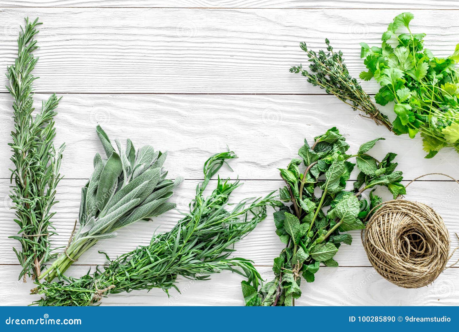Flat Lay with Fresh Herbs and Greenery for Drying and Making Spices Set ...