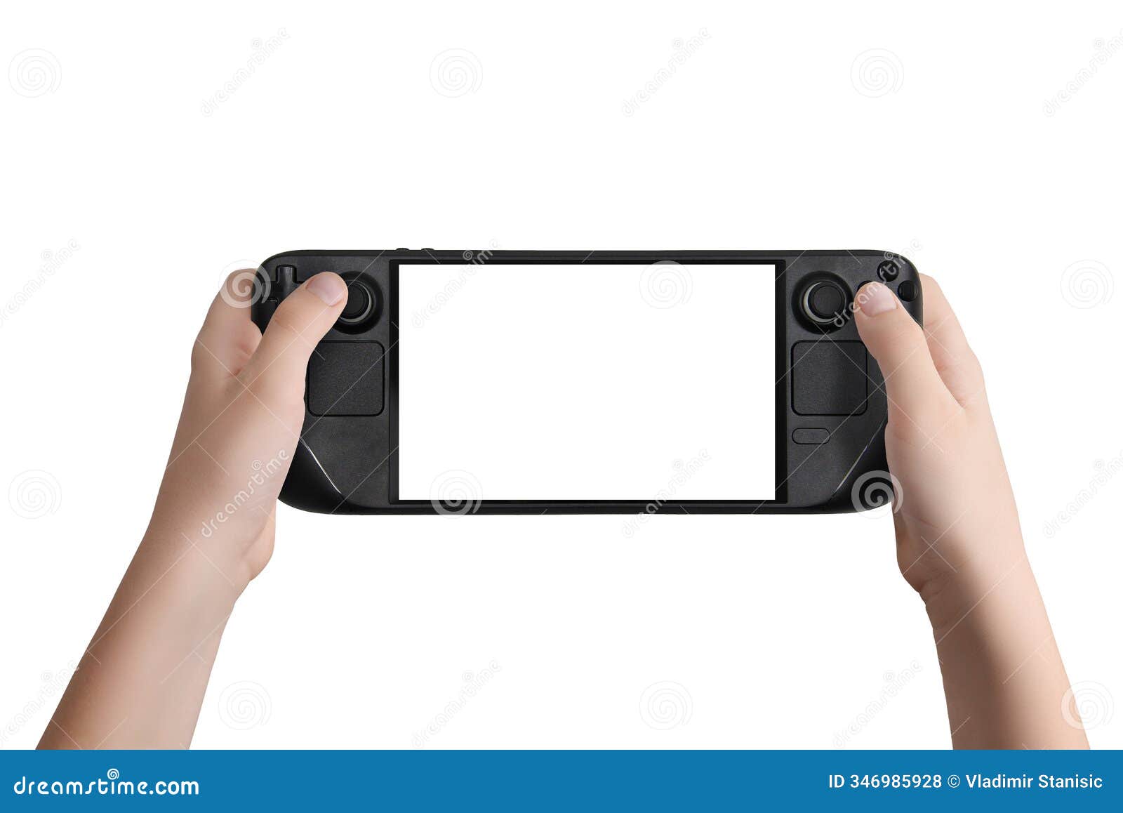 Flat Lay or Front View of Hands Holding a Black Handheld Gaming Console ...