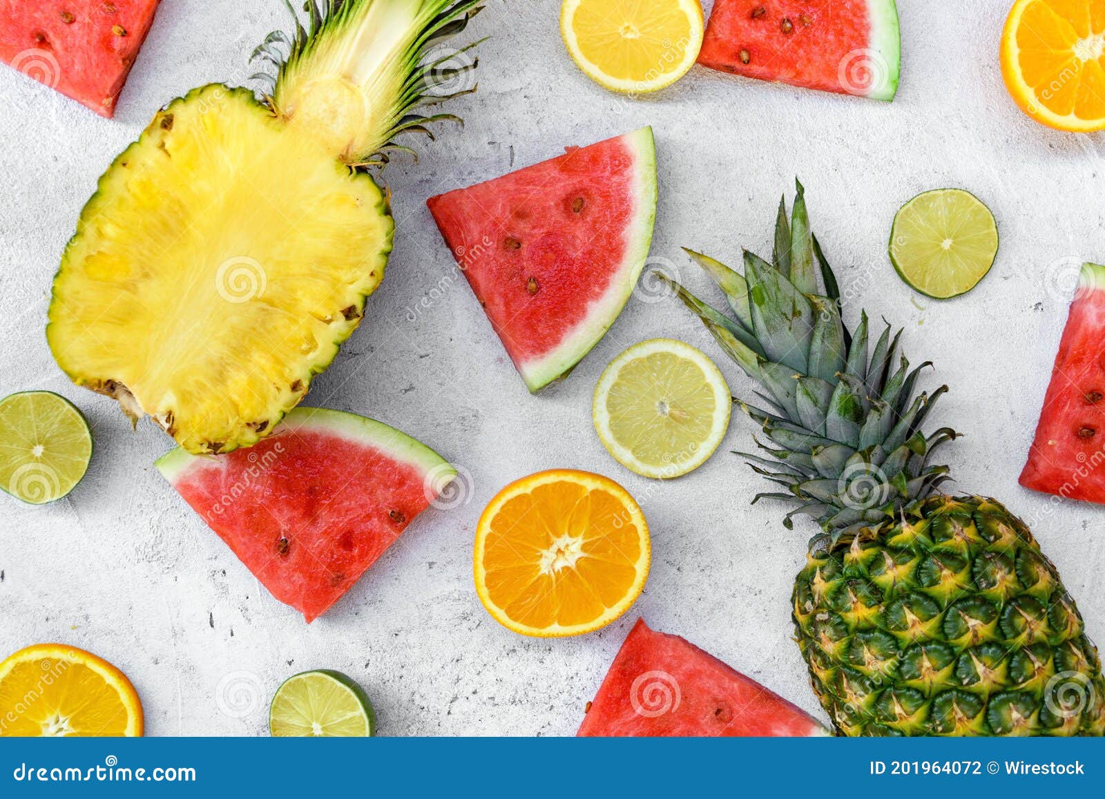 Flat lay of fruit slices stock photo. Image of juicy - 201964072