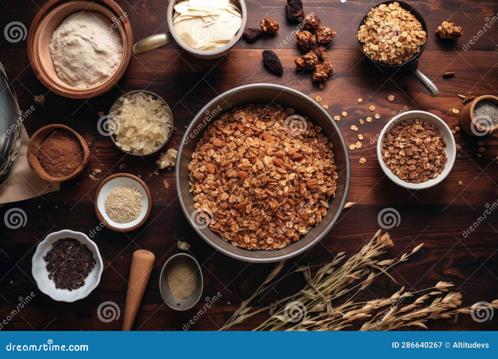 Flat-lay of Granola Making Process on Kitchen Counter Stock ...