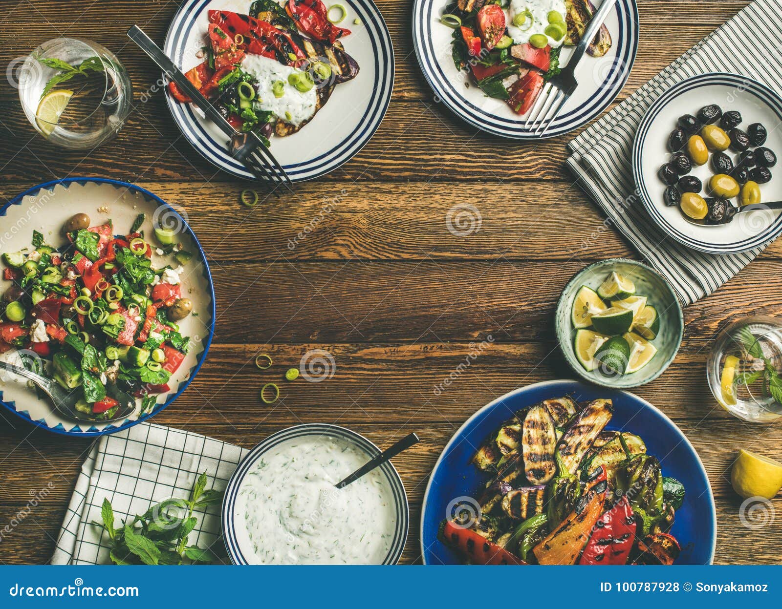 Flat-lay of Healthy Dinner Table Setting with Vegetarian Appetizers ...