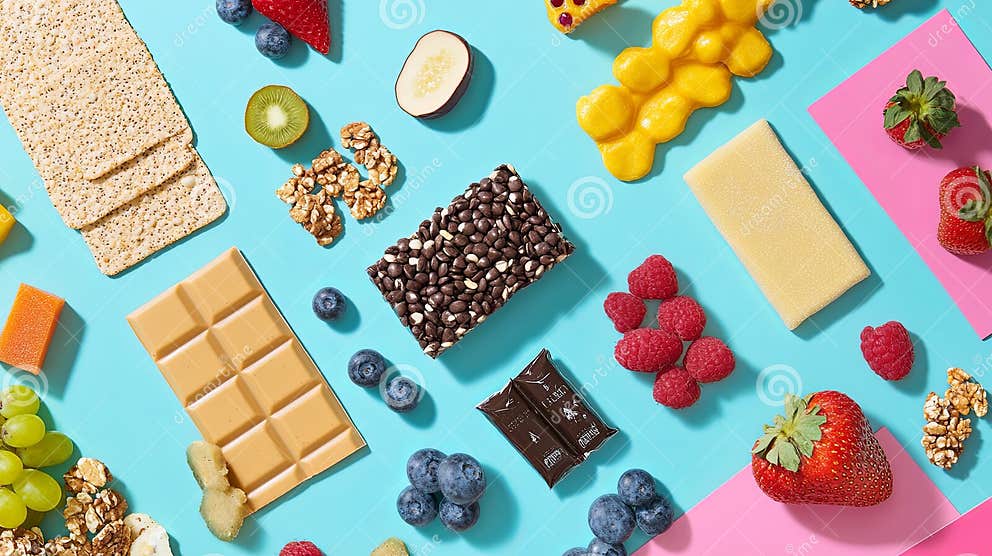 A Flat Lay of Healthy Snacks and Protein Bars Arranged on a Bright Surface. Digital Stock Image ...