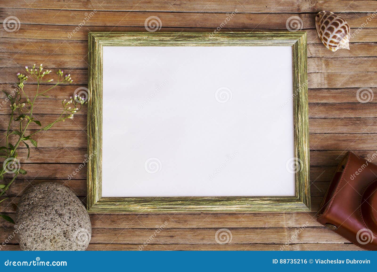 Flat Lay with Horizontal Wooden Frame with Empty Page. Rustic Wooden ...