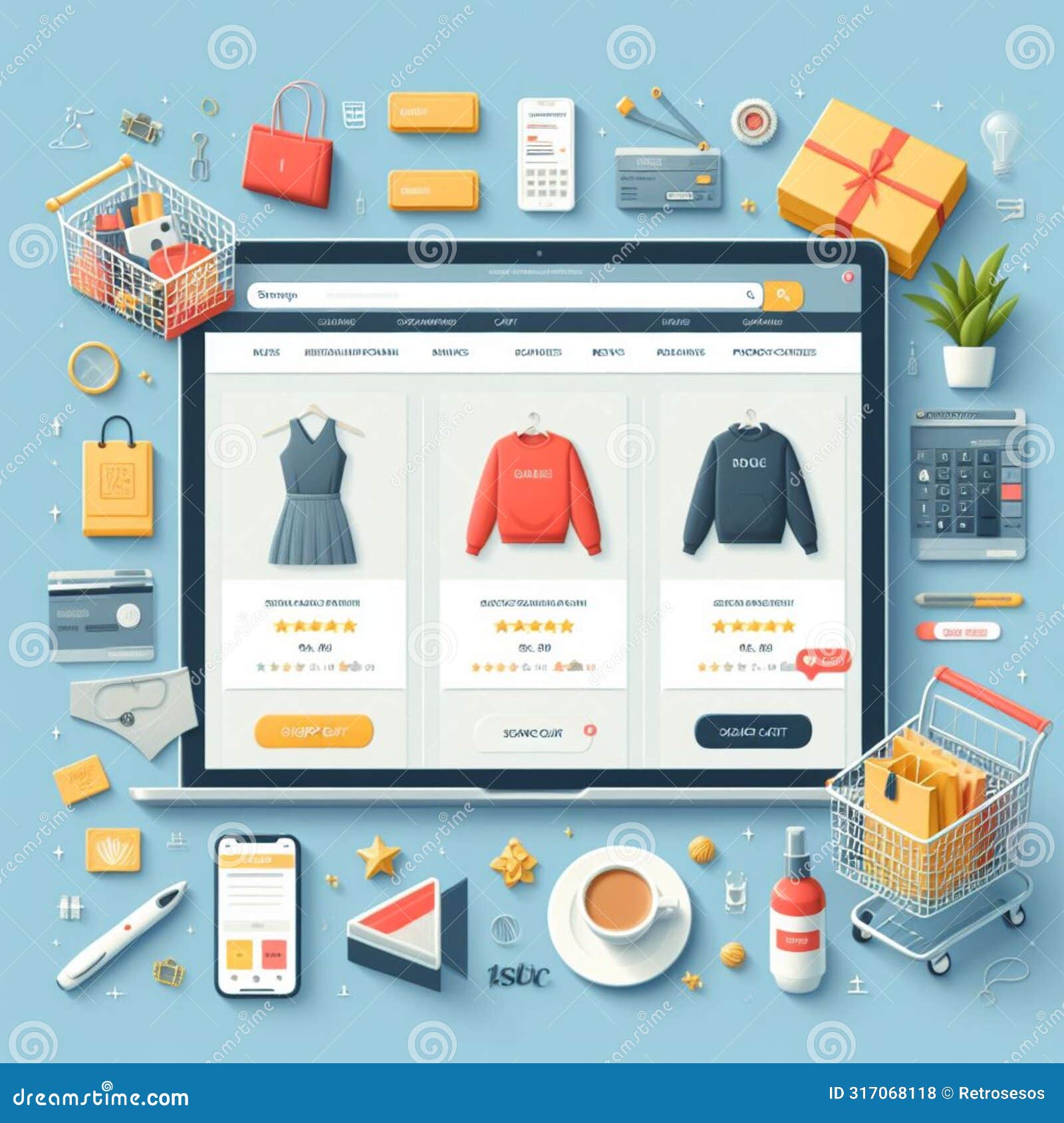 Flat Lay Illustration of an Online Shopping Interface on a Tablet with ...