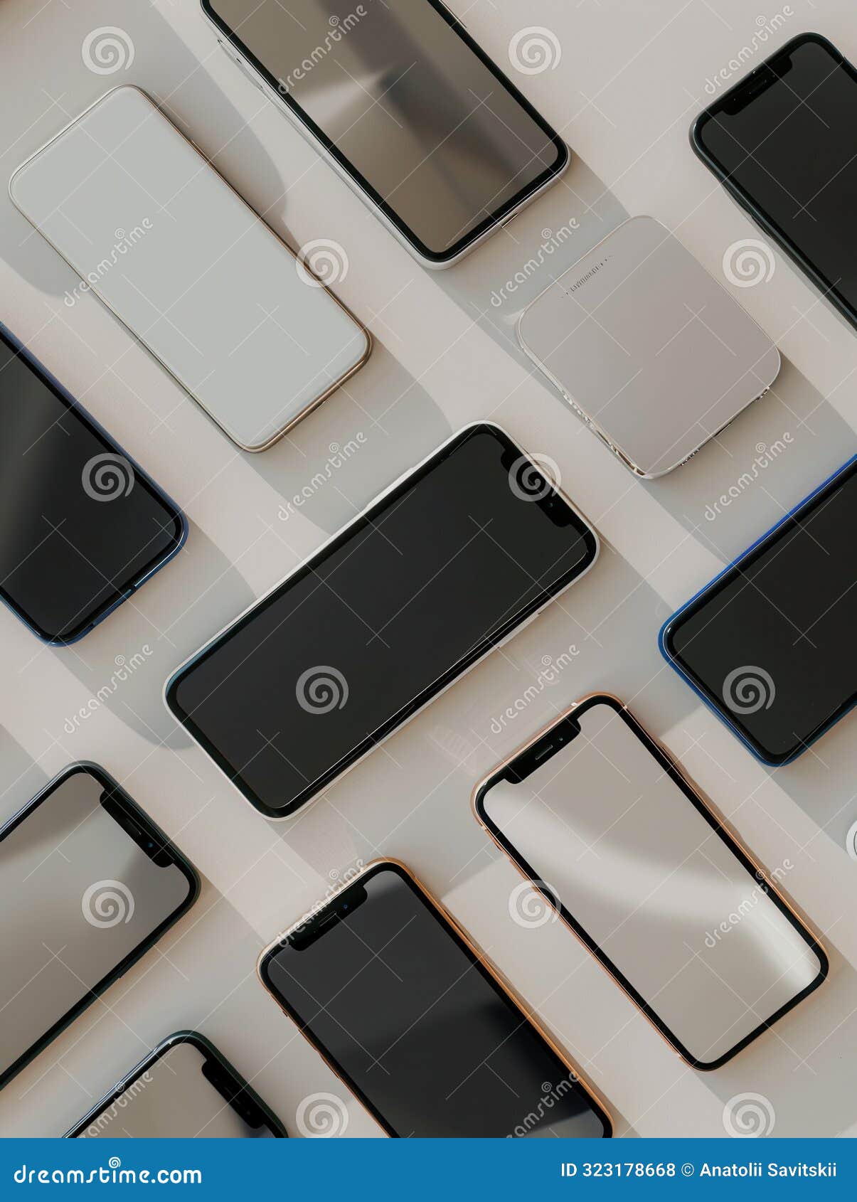 A Flat Lay Image Featuring Multiple Smartphones Arranged in Various ...