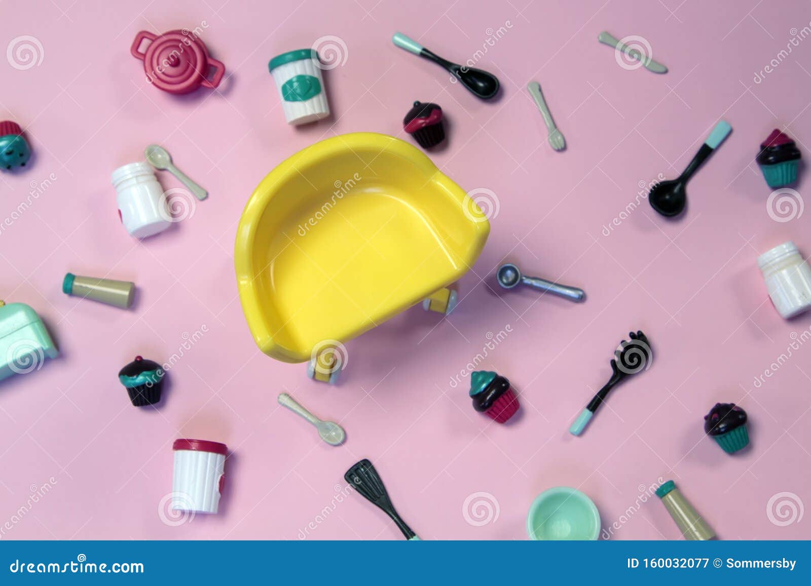 Flat Lay Image of Plastic Toy Tableware with Cakes and Empty Yellow ...