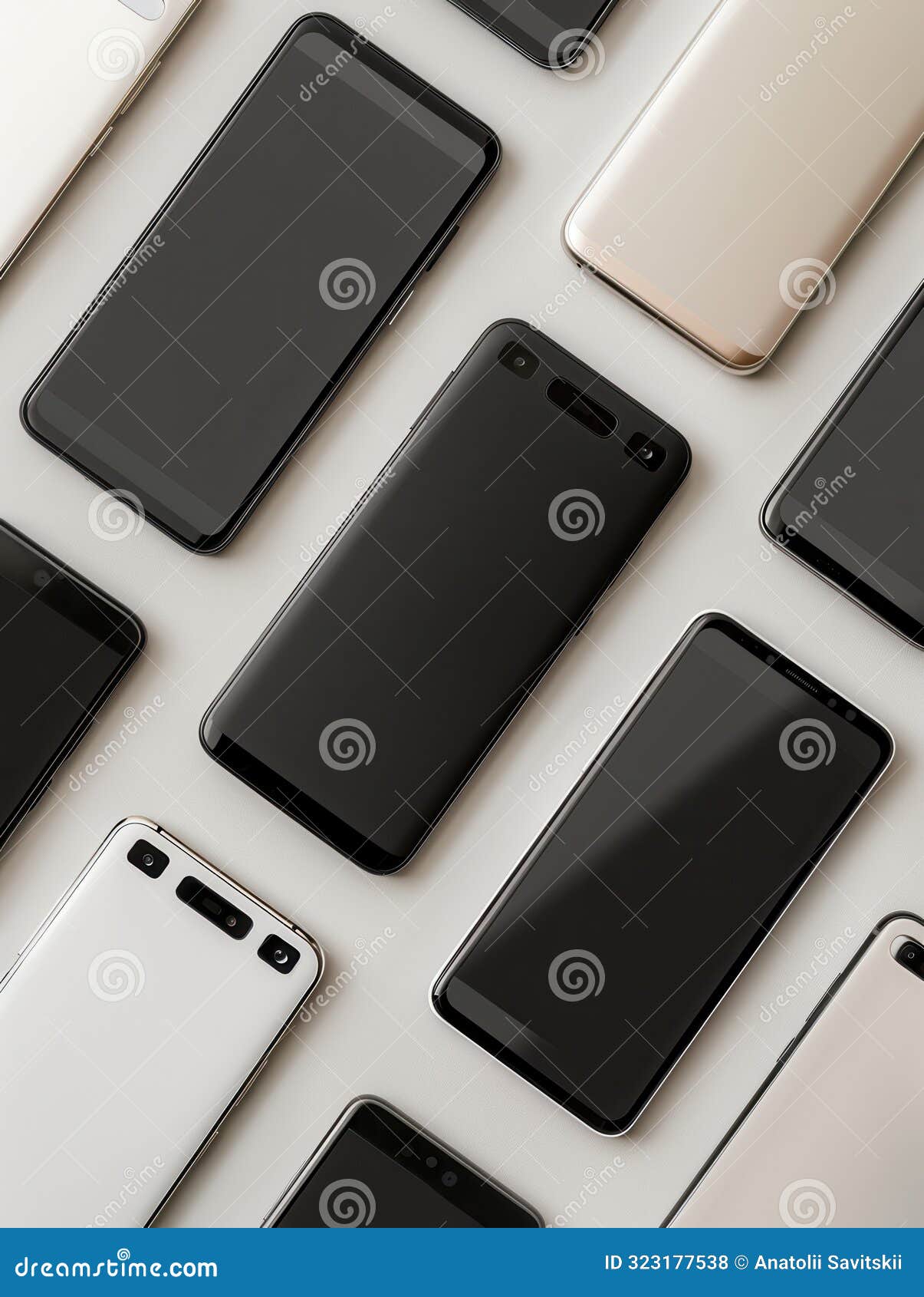 A Flat Lay Image Showcasing Multiple Modern Smartphones Arranged in a ...