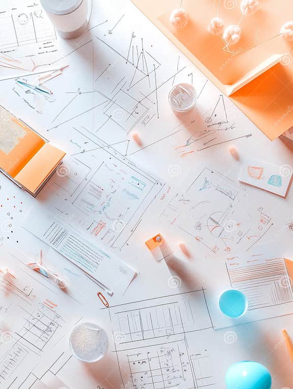 A Flat Lay Image of a White Desk with Notes Drawings and Colored ...