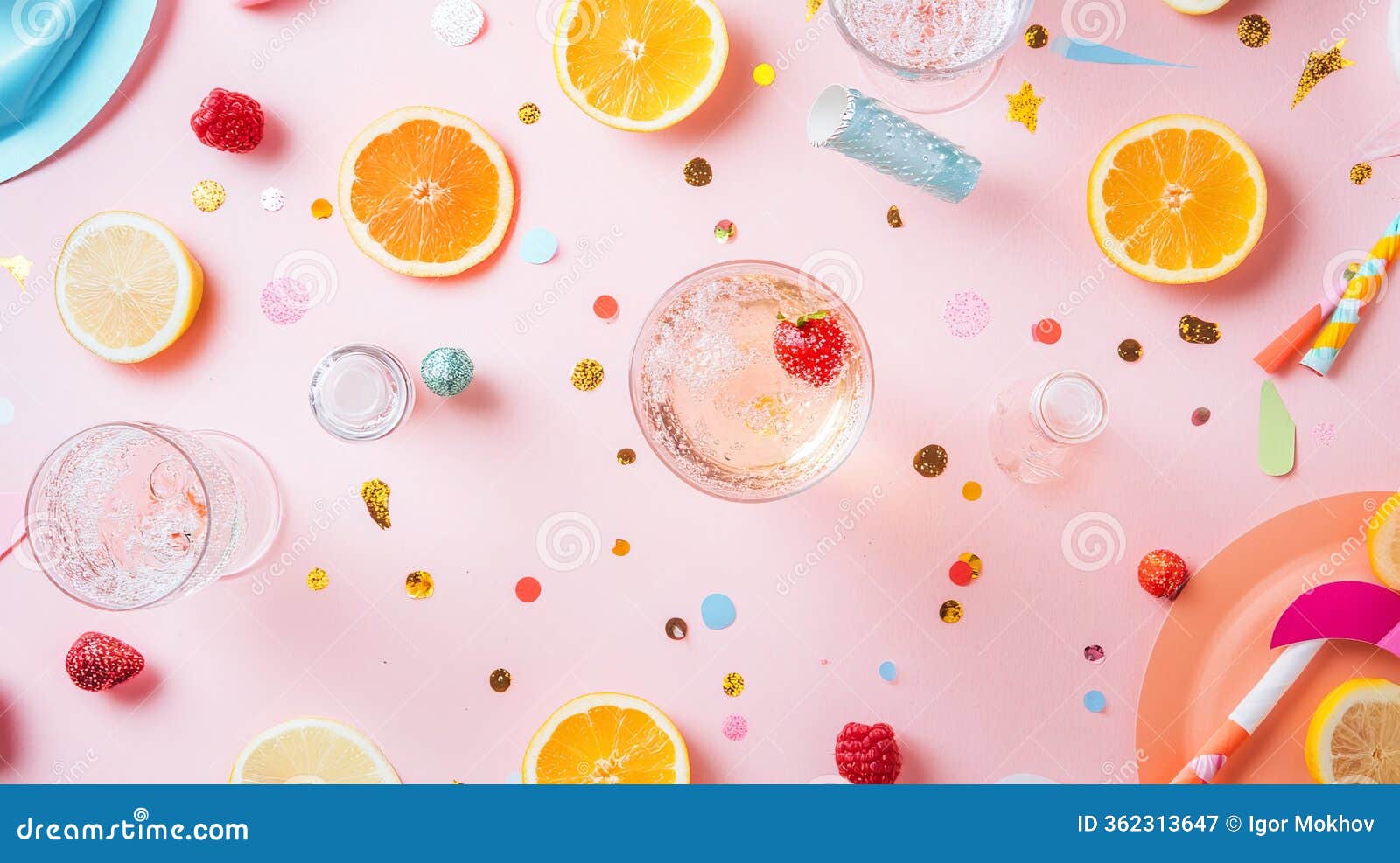 Flat Lay of Infused and Sparkling Water with Party Props. Digital Stock ...