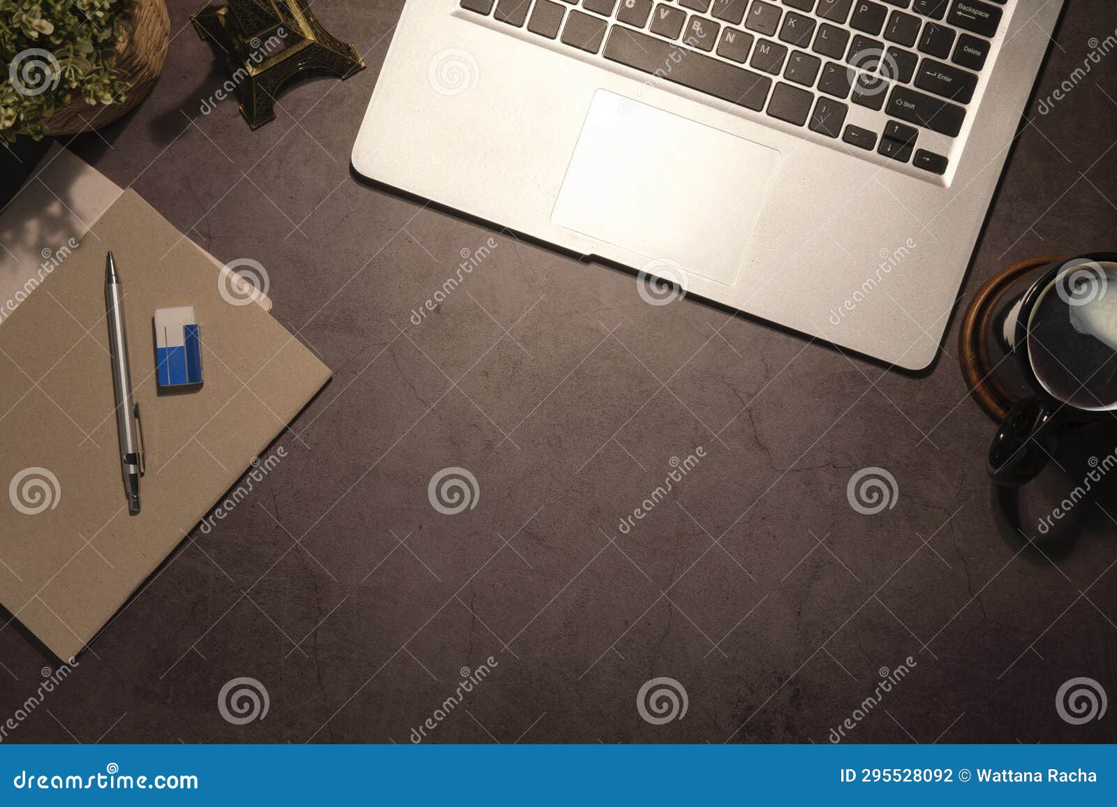 Flat Lay Laptop Computer, Coffee Cup and Stationery on Black Table with ...