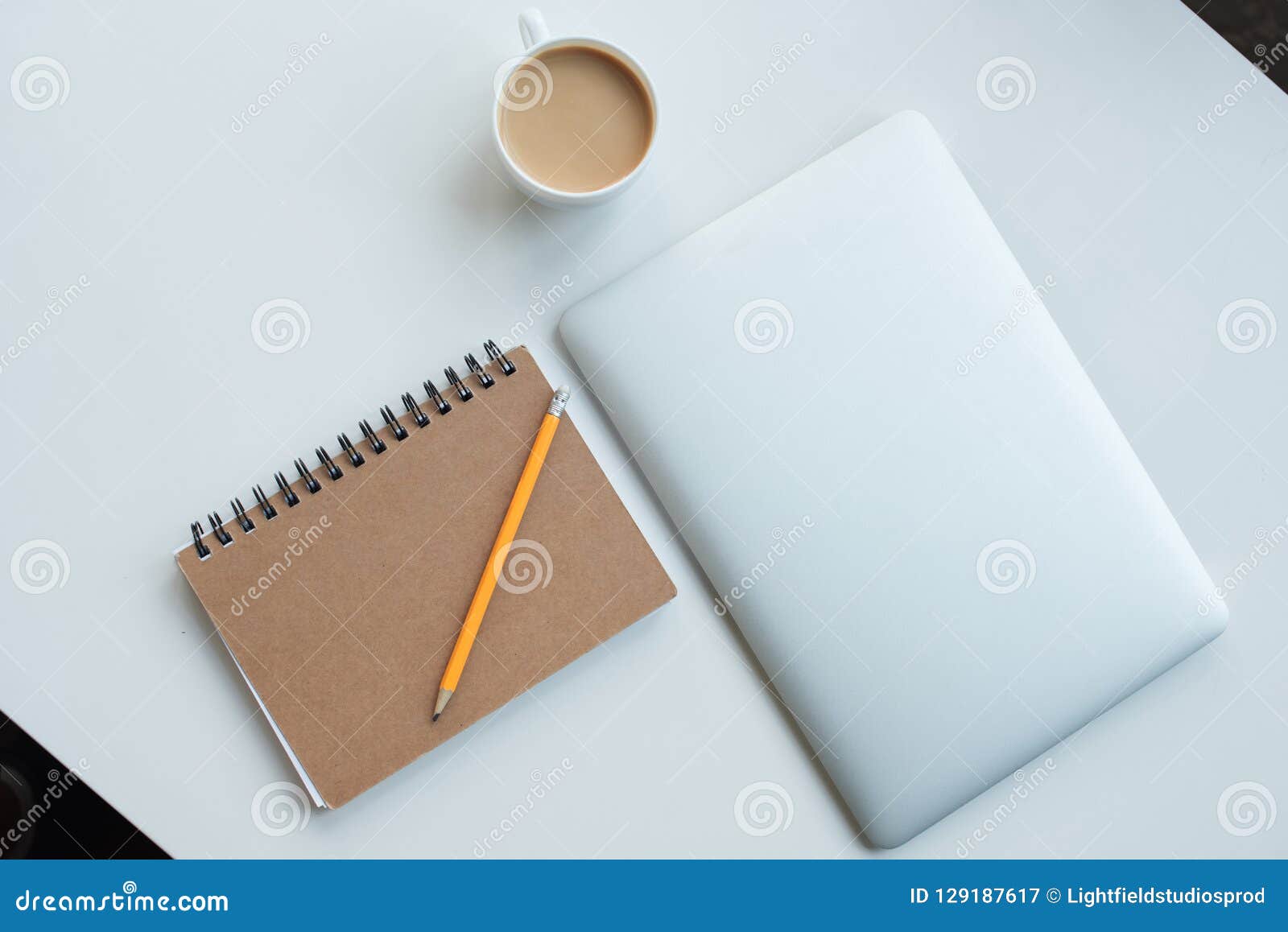 Flat Lay with Laptop Computer Notepad with Pencil and Cup of Coffee ...