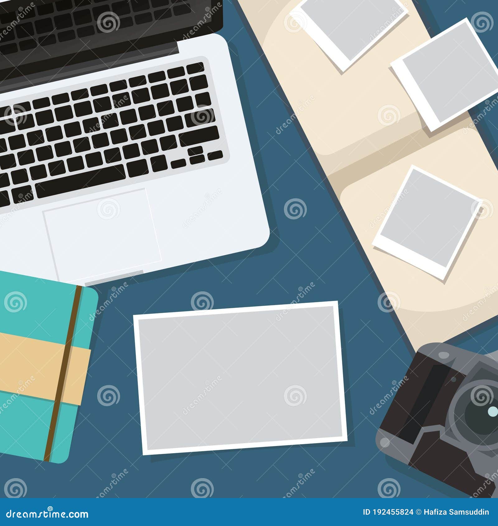 Flat Lay of Laptop with Photographs. Stock Vector - Illustration of ...