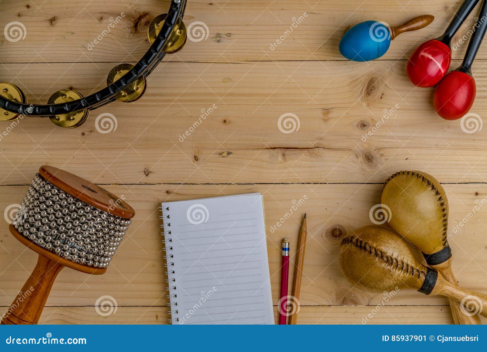 Flat Lay of Latin Percussion on Wood Desk Stock Image - Image of live ...