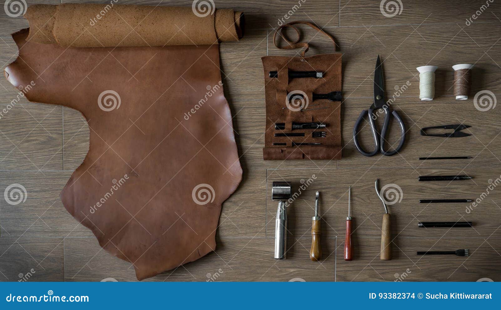 Flat Lay of Leather Craft, Crafting Tools in Retro Style Stock Photo ...