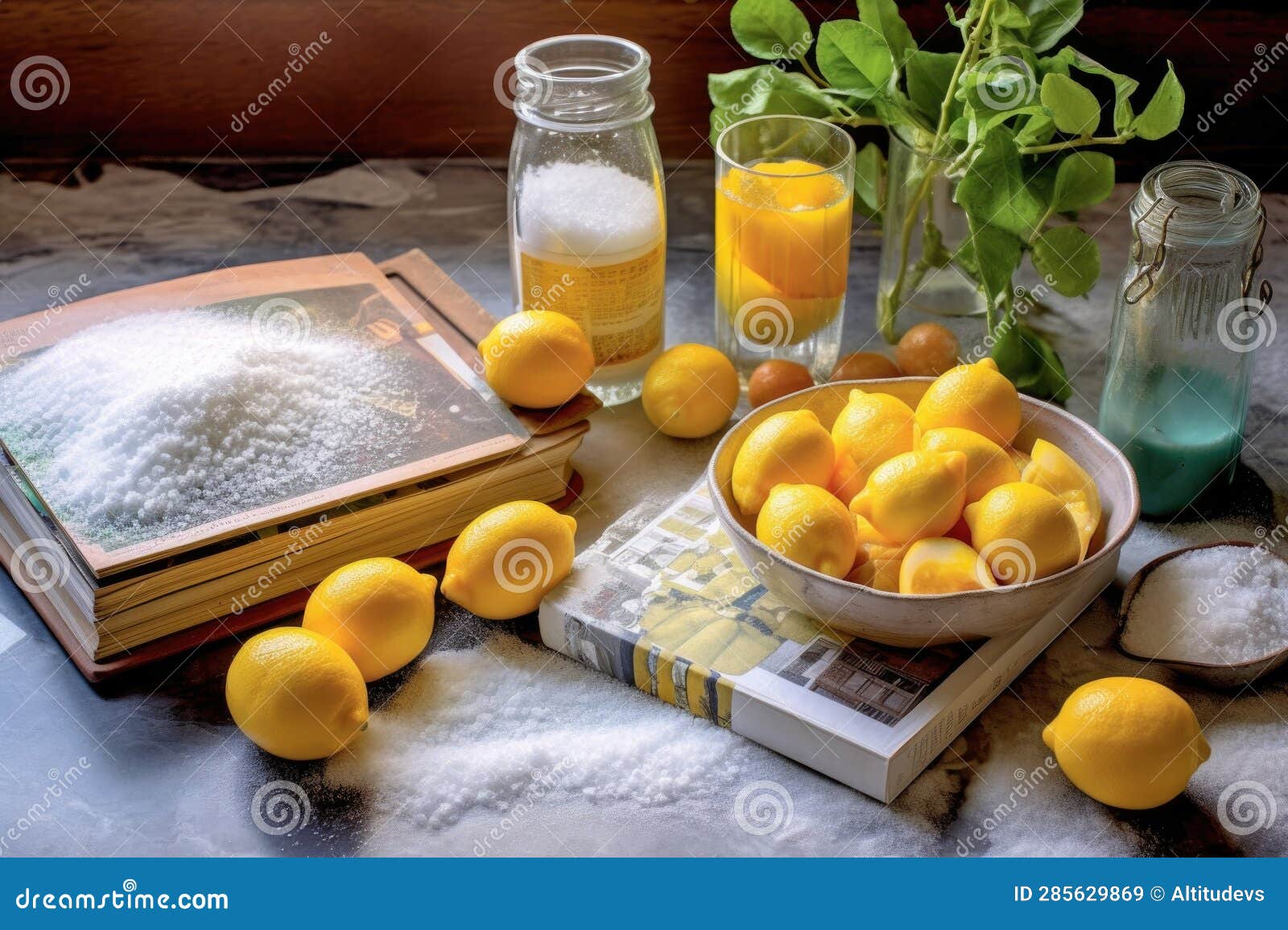Flat Lay of Lemons, Sugar, and Recipe Book on a Kitchen Counter Stock ...