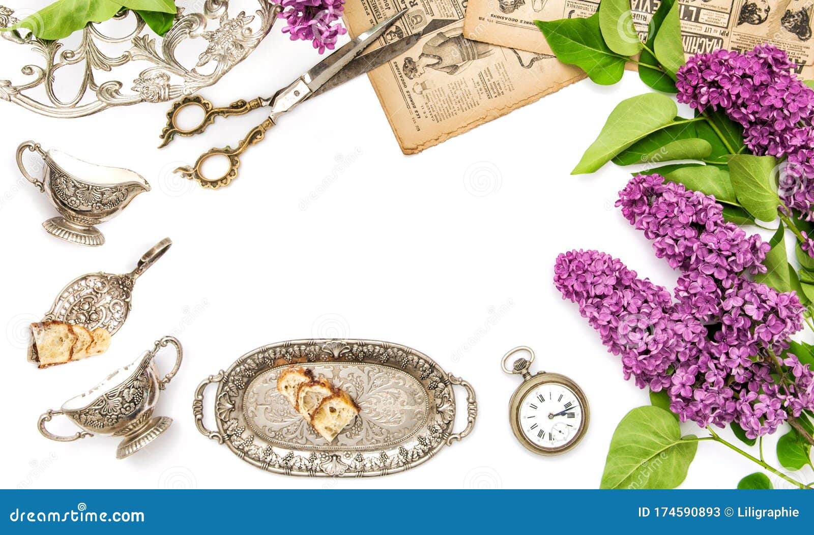 Flat Lay Lilac Flowers Silver Dishes Vintage Objects Stock Image ...