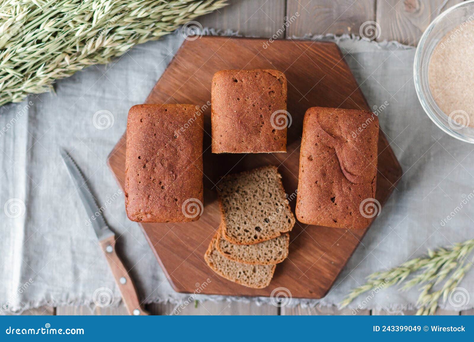 Flat Lay of Loaf Bread on a Wooden Tray with Yeast Stock Image - Image ...
