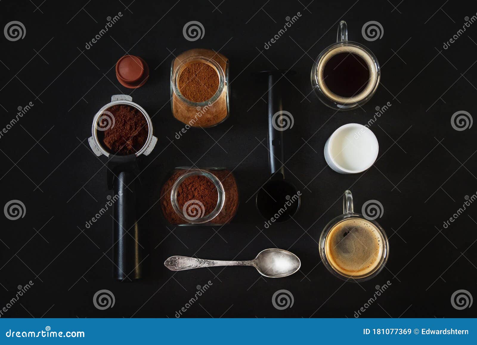 Flat Lay of Making Coffe. Isolated on Black Background Stock Image ...