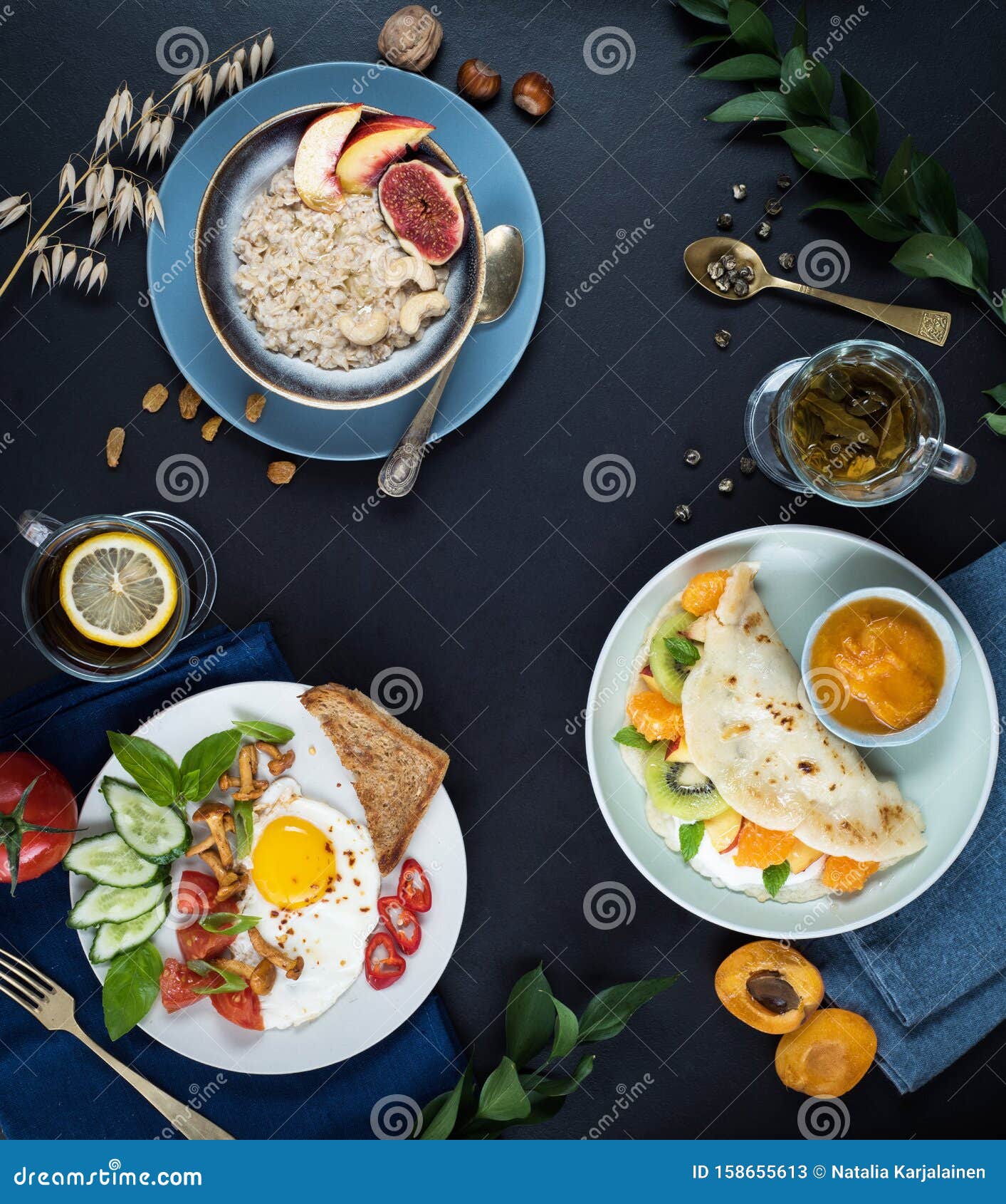 Flat Lay. Menu. Three Breakfasts, Oatmeal, Fried Eggs, Pancakes, Tea ...