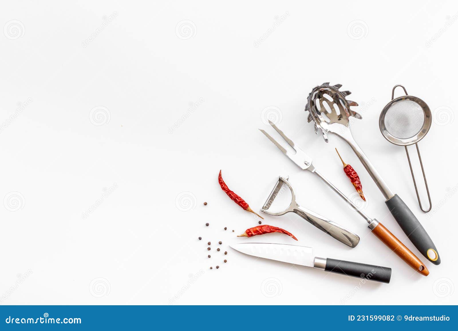 Flat Lay of Metal Kitchen Utensils and Cookware Stock Photo - Image of ...