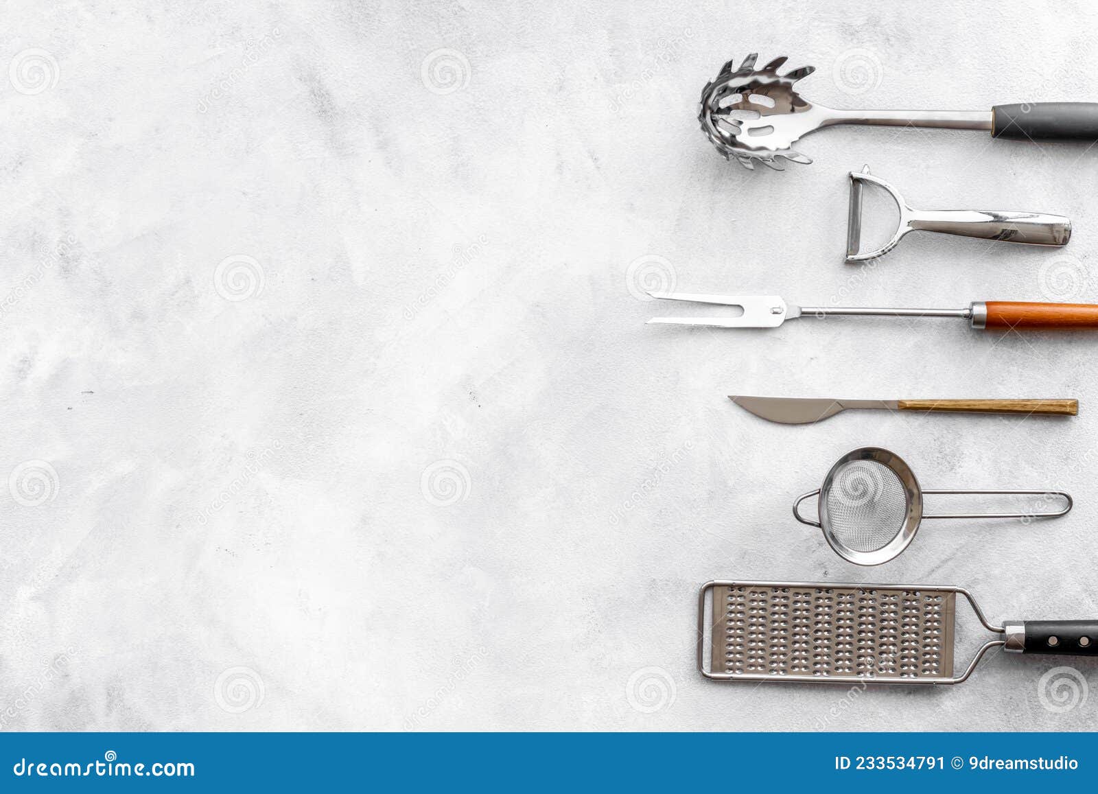 Flat Lay of Metal Kitchen Utensils and Cookware Stock Image - Image of ...