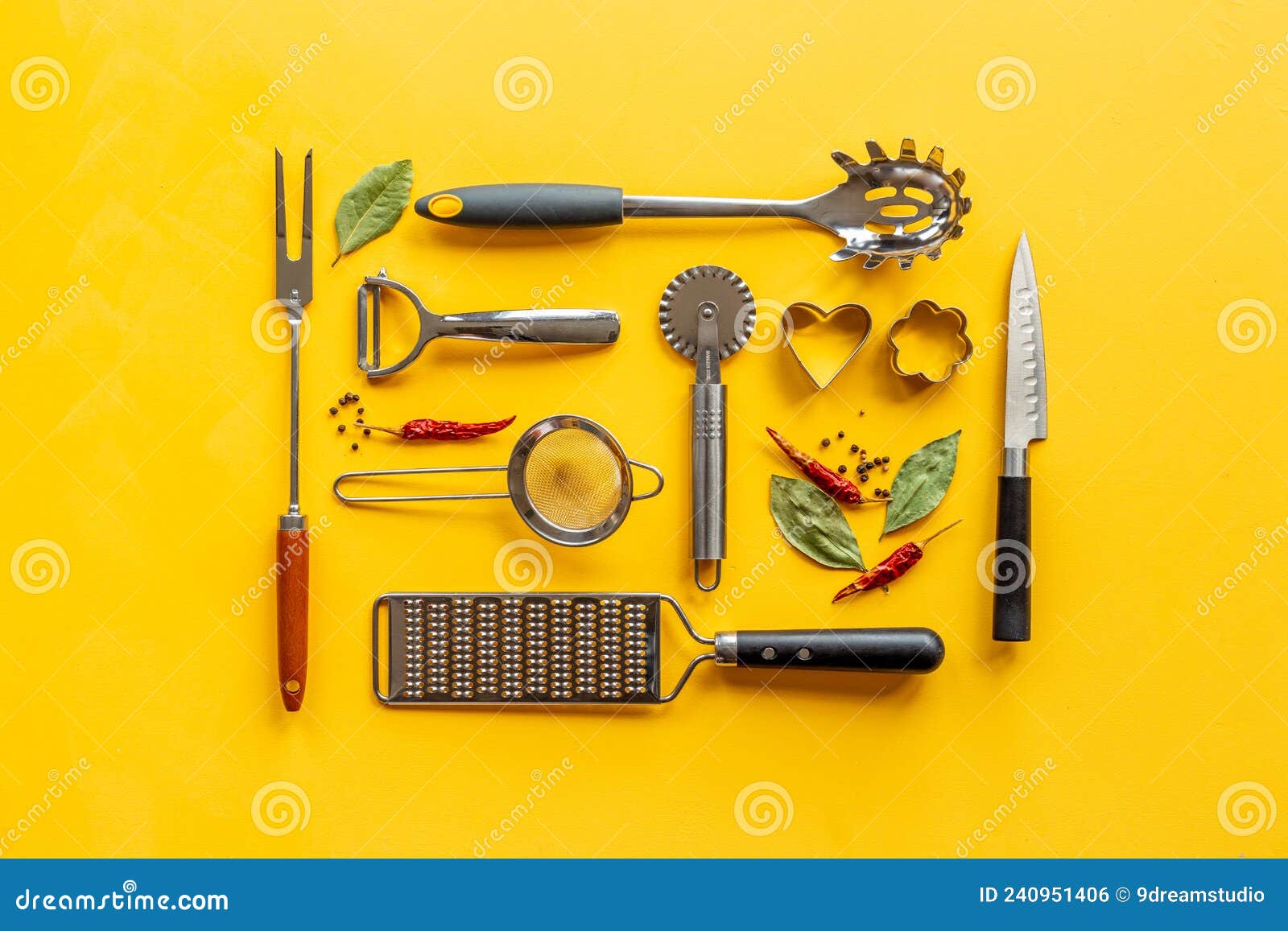 Flat Lay of Metal Kitchen Utensils and Cookware Stock Photo - Image of ...