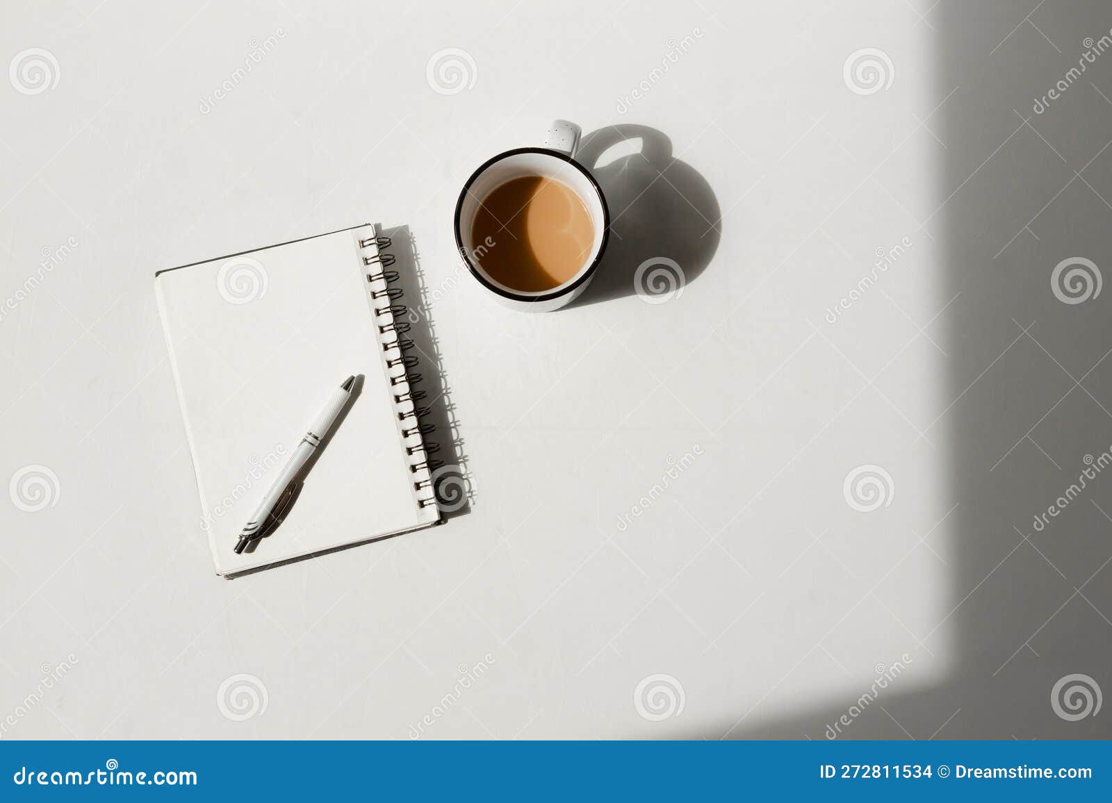 Flat Lay Minimalistic Blank Notepad with Pen and Coffee Stock Photo ...