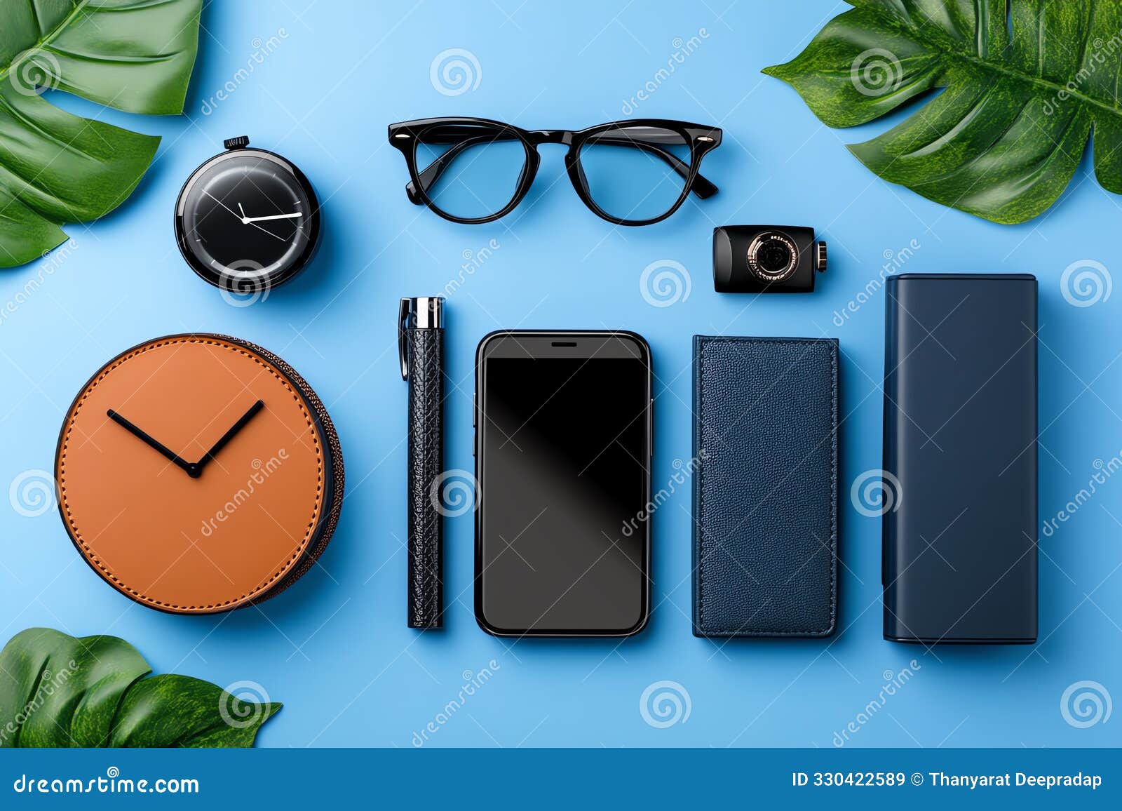 Flat Lay of Modern Assorted Gadgets and Accessories on Blue Background ...