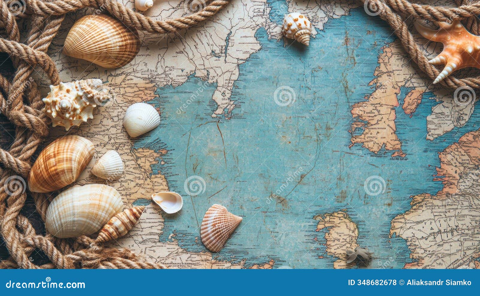 Flat Lay with Nautical Map Seashells and Decorative Marine Rope Stock ...