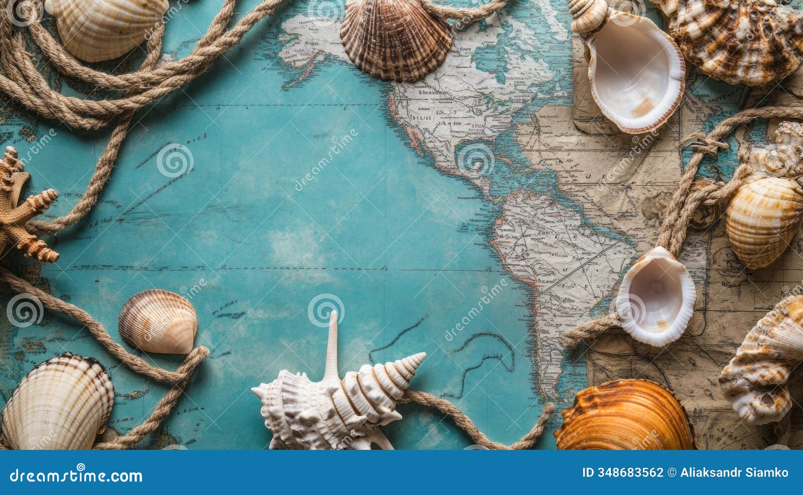 Flat Lay with Nautical Map Seashells and Decorative Marine Rope Stock ...