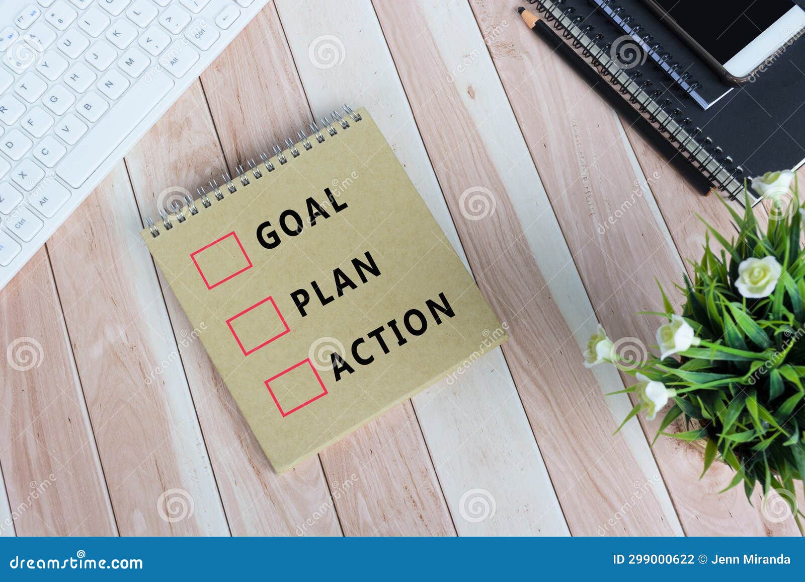 Flat Lay of Notepad with Text Goal, Plan, Action. Stock Photo - Image ...