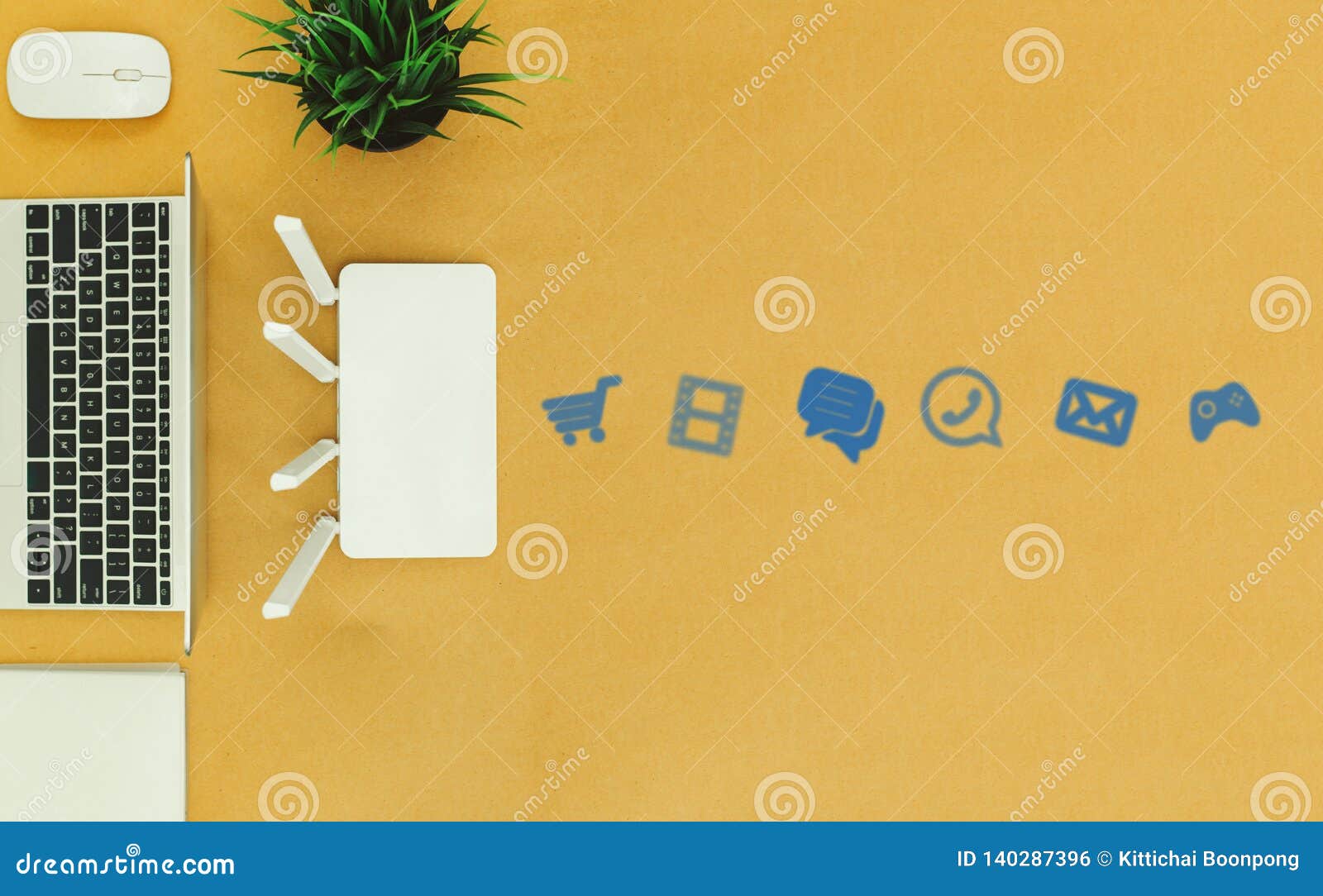 Flat Lay Office Table with Wifi Router, Computer and Supplies Top View ...