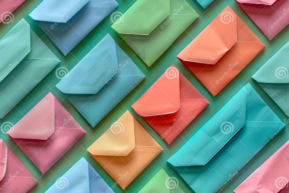 Pastel Envelopes Arranged in a Geometric Pattern on a Green Background ...