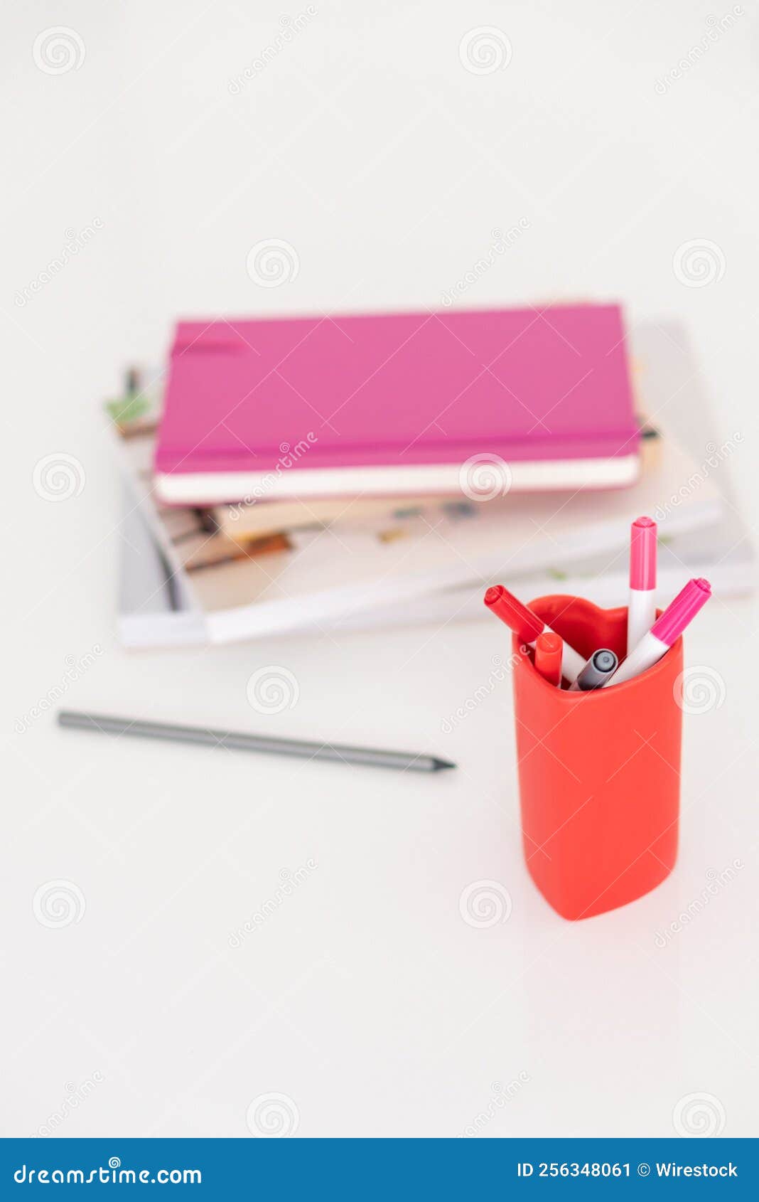 Flat Lay of a Pencil Case on a White Table with a Stack of Books in the ...