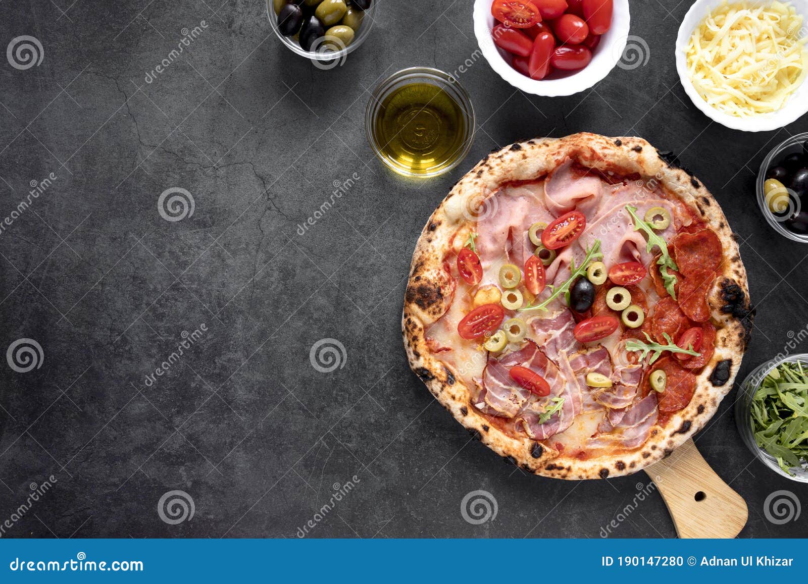 Flat Lay Pizza and Toppings Arrangement Photo Stock Photo - Image of ...