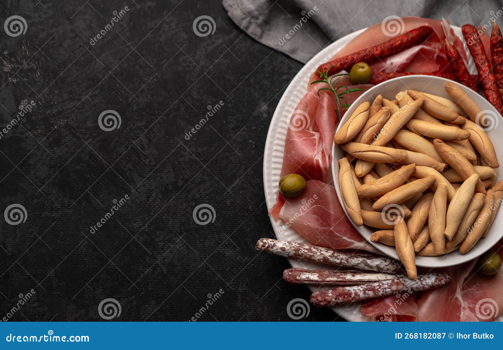 Flat Lay with Plate with Spanish Jamon, Mini Chorizo and Picos Stock ...