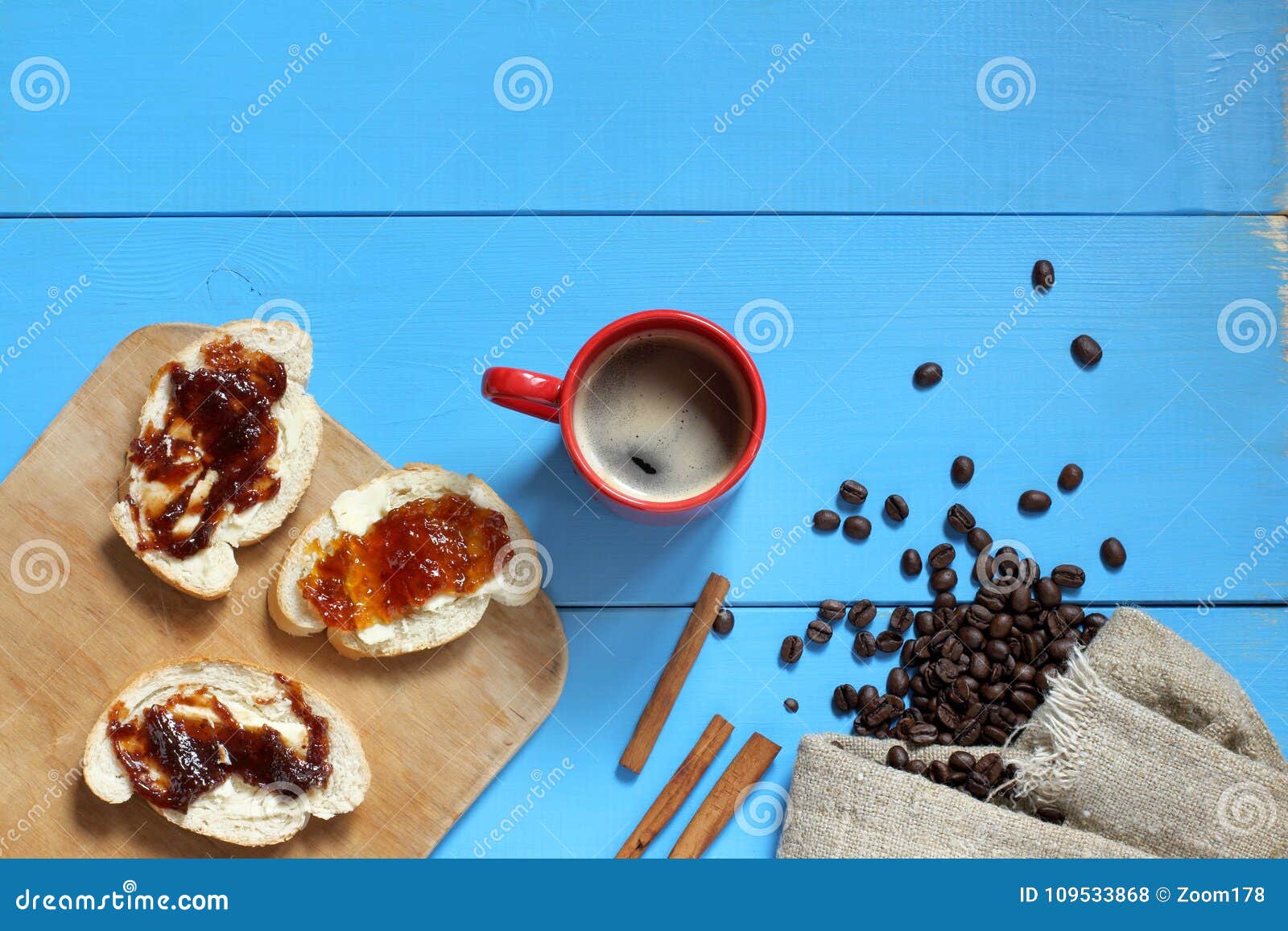 Coffee pause on blue table stock photo. Image of leisure - 109533868