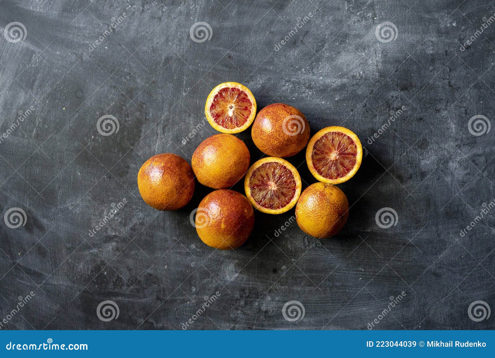 Flat Lay of Red Sliced Exotic Oranges, Dark Food on Black Surfaces ...