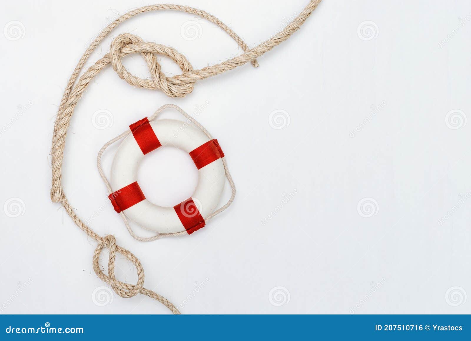 Flat Lay of Rope with Sea Knot and Life Preserver Stock Photo - Image ...