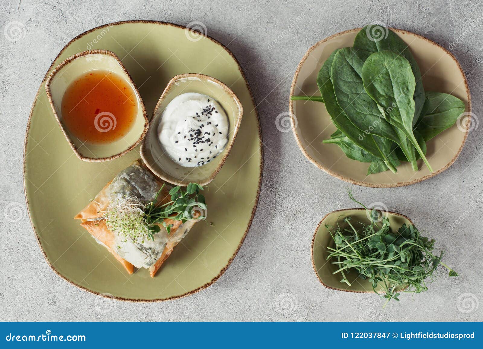 Flat Lay with Samosas in Phyllo Dough Stuffed with Spinach and Paneer ...