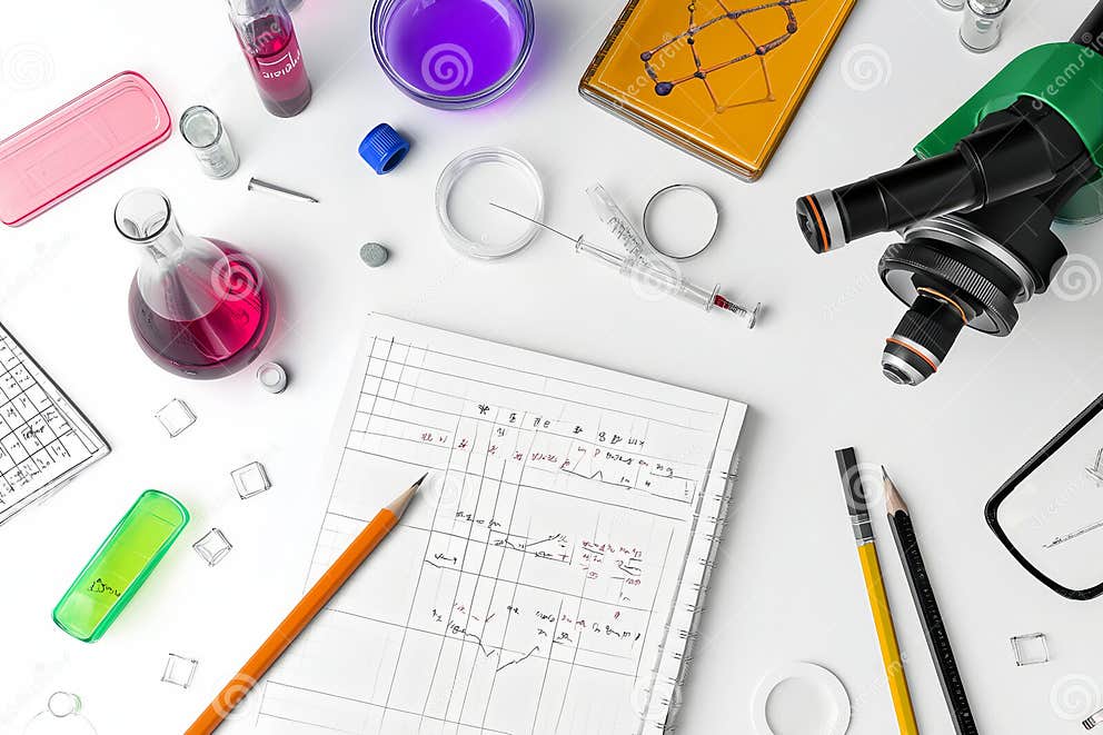 A Flat Lay of Scientific Tools and Objects Including a Microscope Test ...